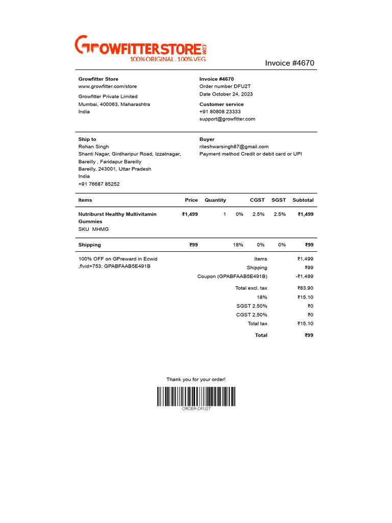 Invoice for Growfitter Order #4670 | PDF