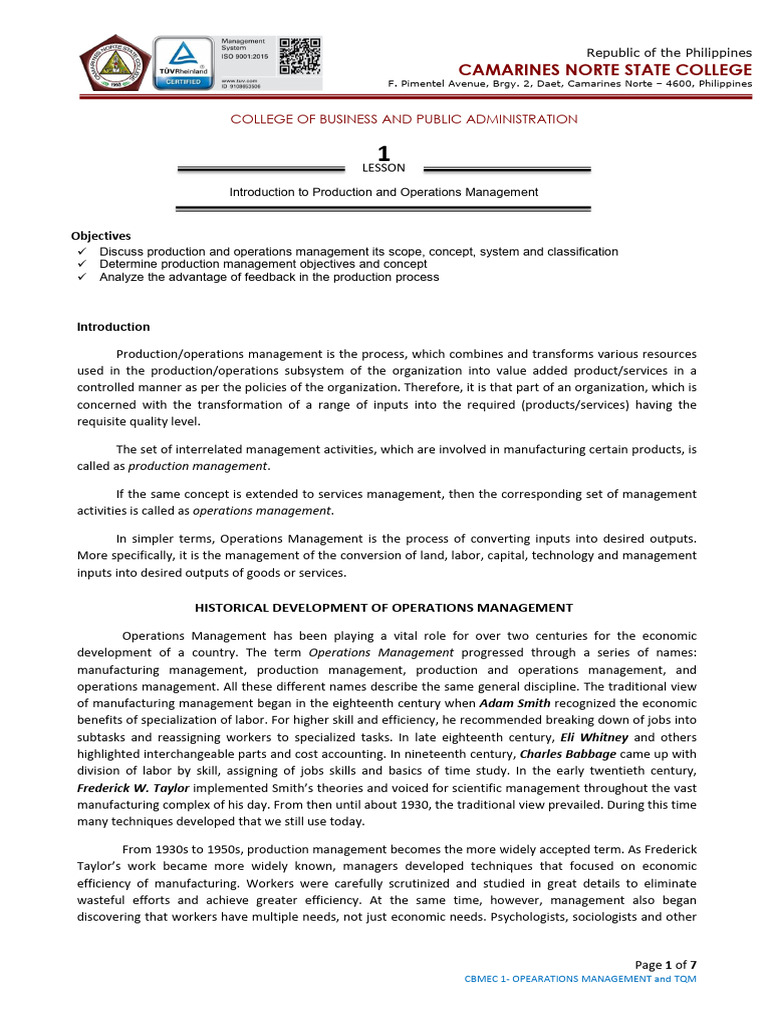 CBMEC 1 BSOA Lesson 1 Introduction To Production and Operations Management | PDF | Operations ...