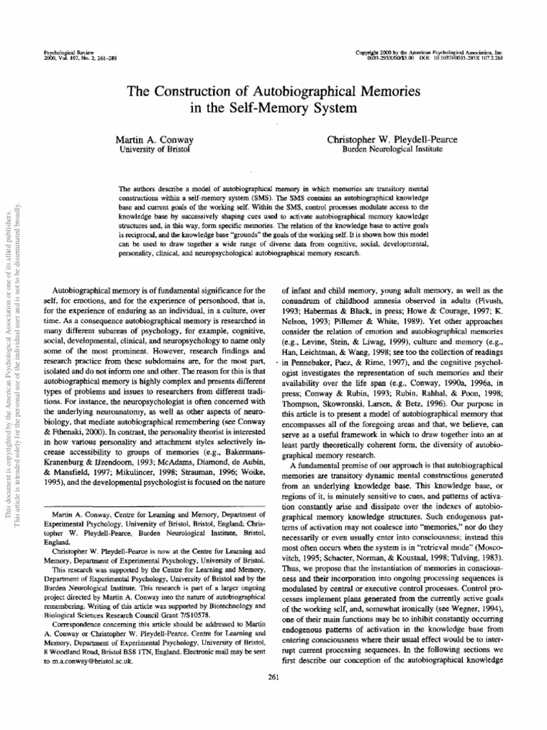 The Construction of Autobiographical Memories in The Self-Memory System | PDF | Memory | Recall ...