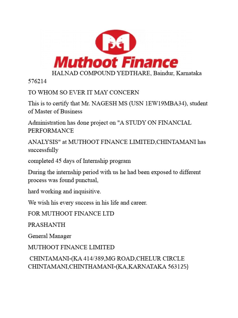 MBA Internship Certificate: Muthoot Finance | PDF