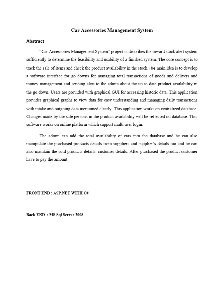 Car Accessories Management System | PDF | Databases | Microsoft Sql Server