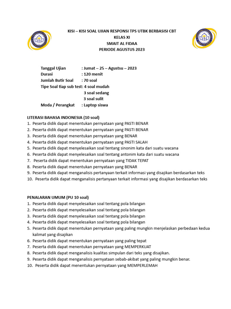 Kisi-Kisi Soal Ujian TPS UTBK 2023 | PDF