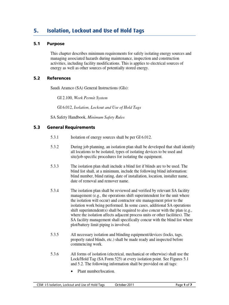 Part I - 05 Isolation, Lockout and Use of Hold Tags | PDF ...