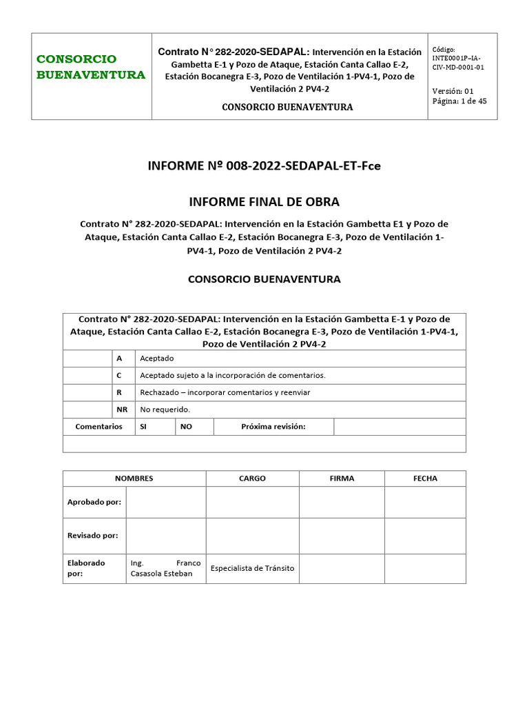 Informe Tránsito Final de Obra PAB04 - V 1.0. | PDF | Servicios ...