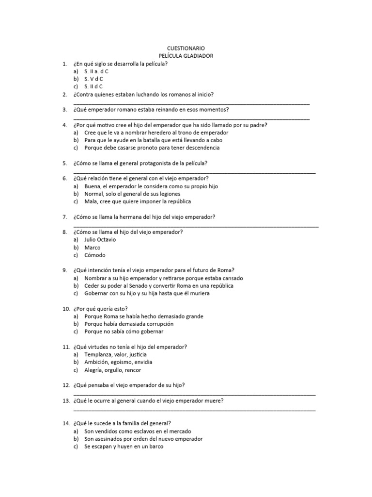 CUESTIONARIO Pelicula | PDF | Gladiador | Republica Romana