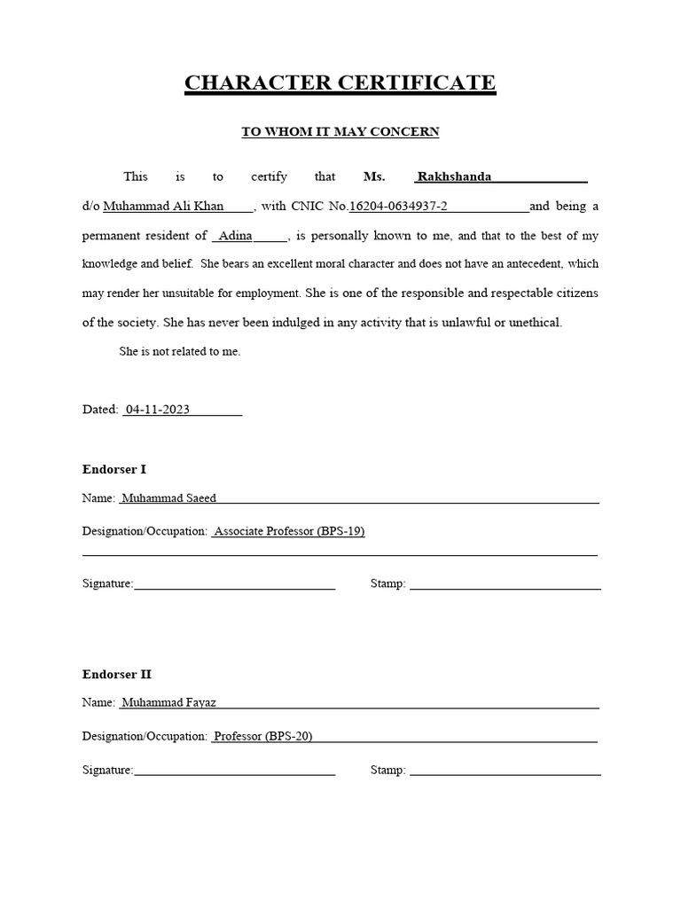 Character Certificate From Two Responsible Persons For KPPSC | PDF ...