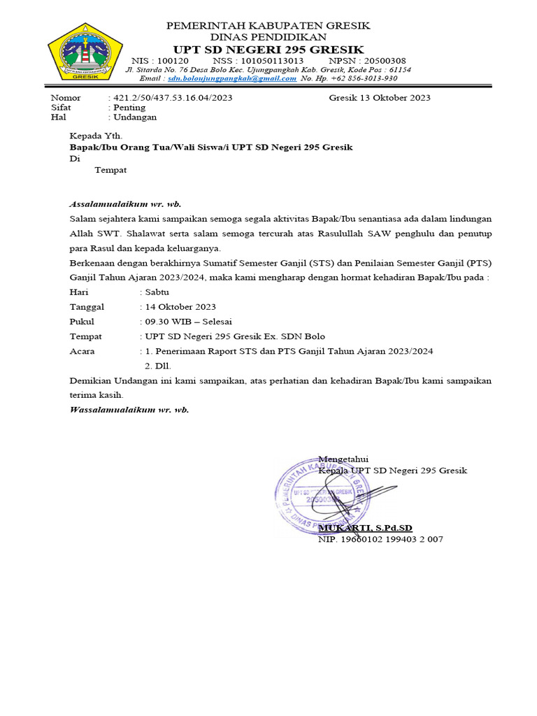 UNDANGAN PENERIMAAN RAPORT PTS DAN STS GANJIL TA 2023-2024 | PDF