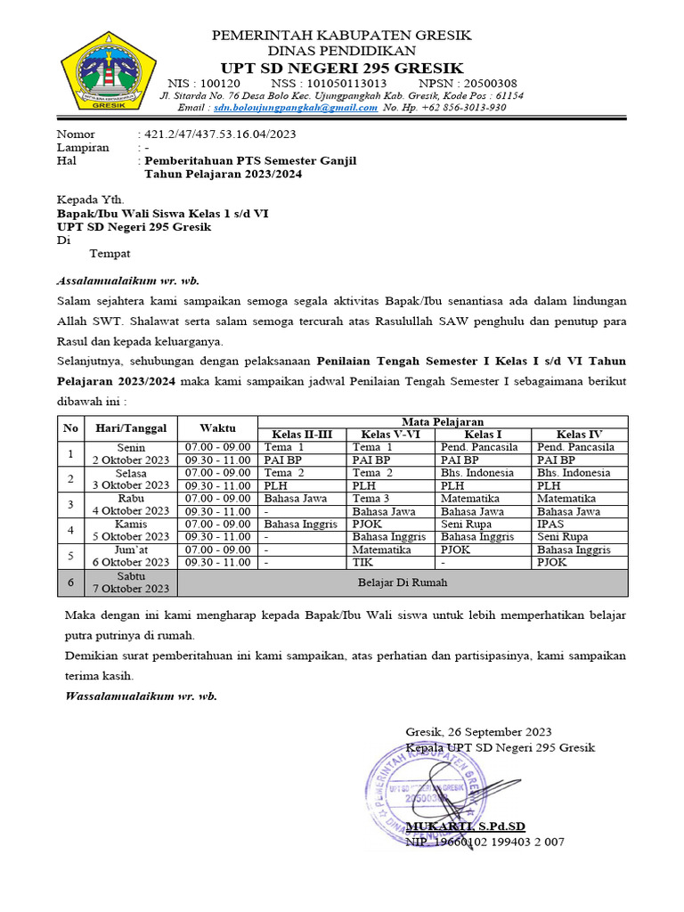 Surat Pemberitahuan PTS I 2023 2024 | PDF