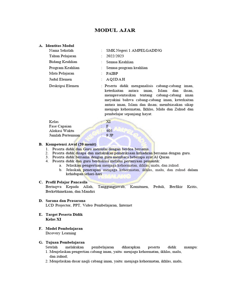 Modul AJAR KELAS XI SMSTR 2 AQIDAH IKM SMK Amga 2023 FIX | PDF