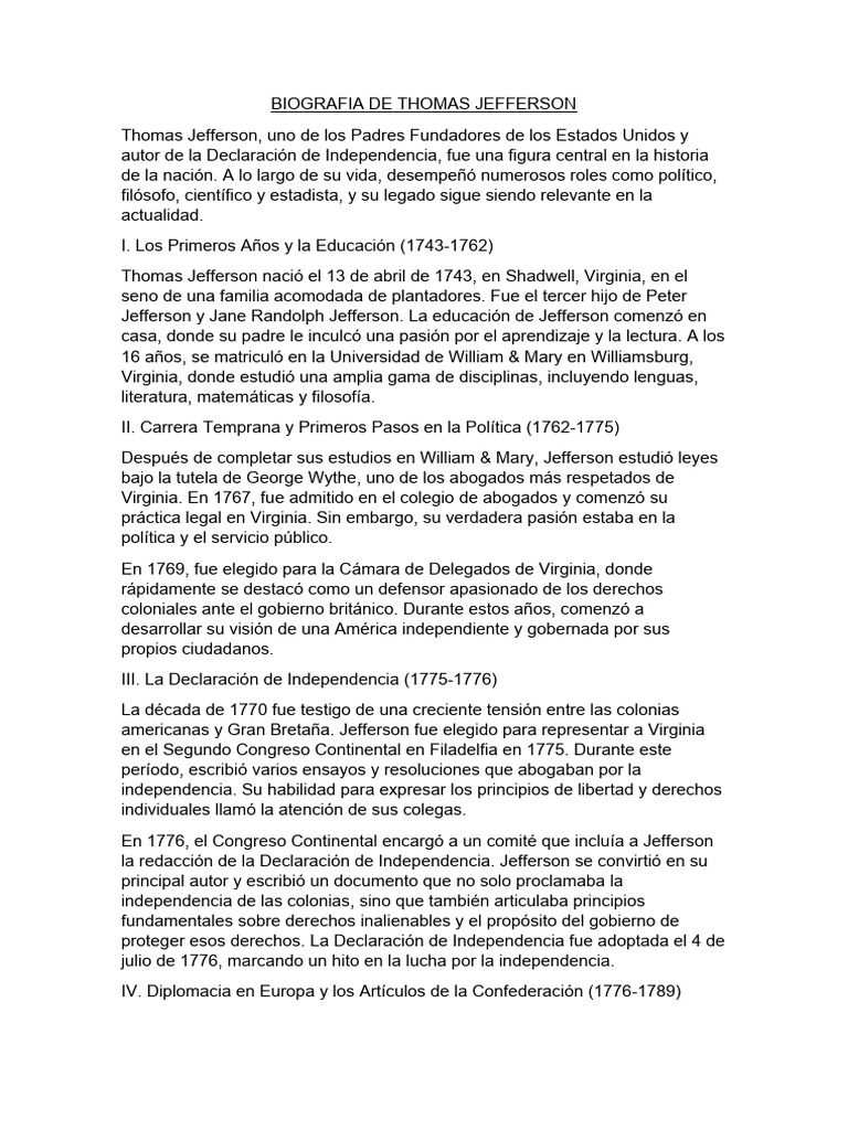 Biografia de Thomas Jefferson | PDF | Thomas Jefferson | Declaración de independencia de los ...