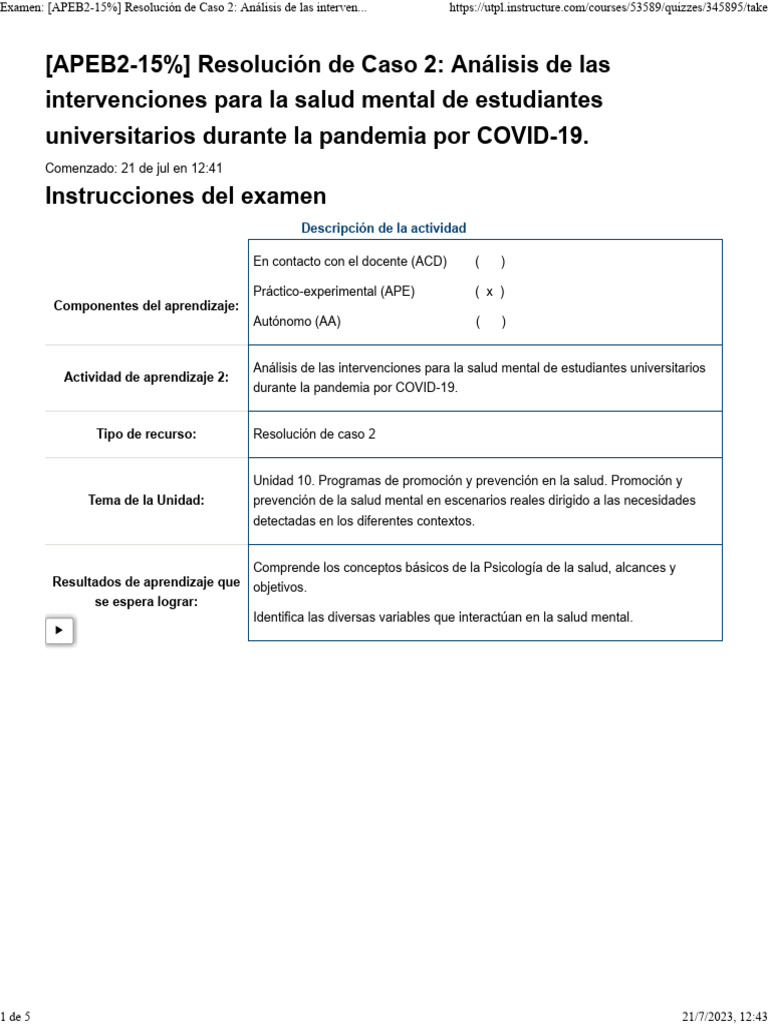 Examen (APEB2-15 - ) Resolución de Caso 2 Análisis de Las Intervenciones para La Salud Mental de ...