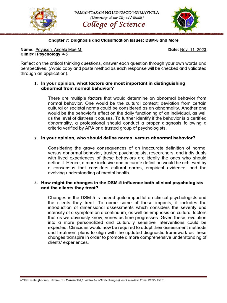 PAYUSAN, ANGELA MAE M - Chapter-7-Activity | PDF | Dsm 5 | Psychologist