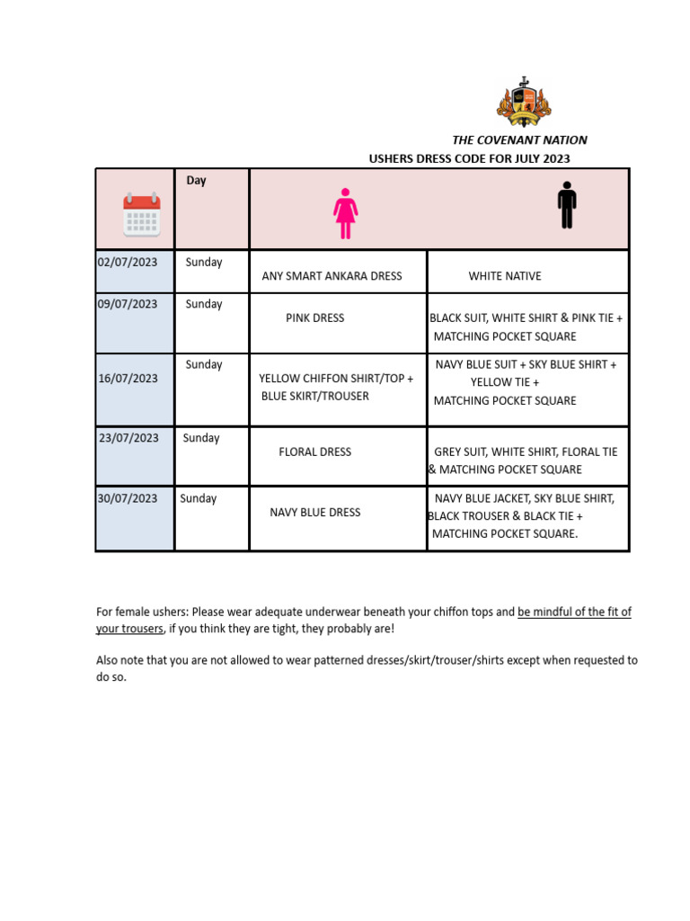 Ushers Dress Code JULY - SEPTEMBER 2023 | PDF | Trousers | Clothing