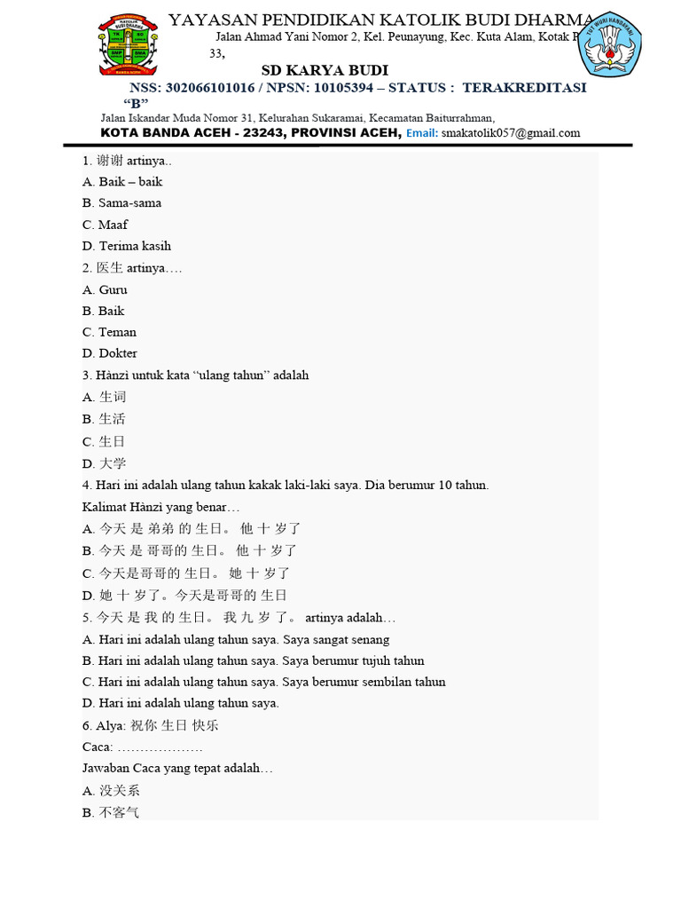 Soal Mandarin Kelas 6 Pdf