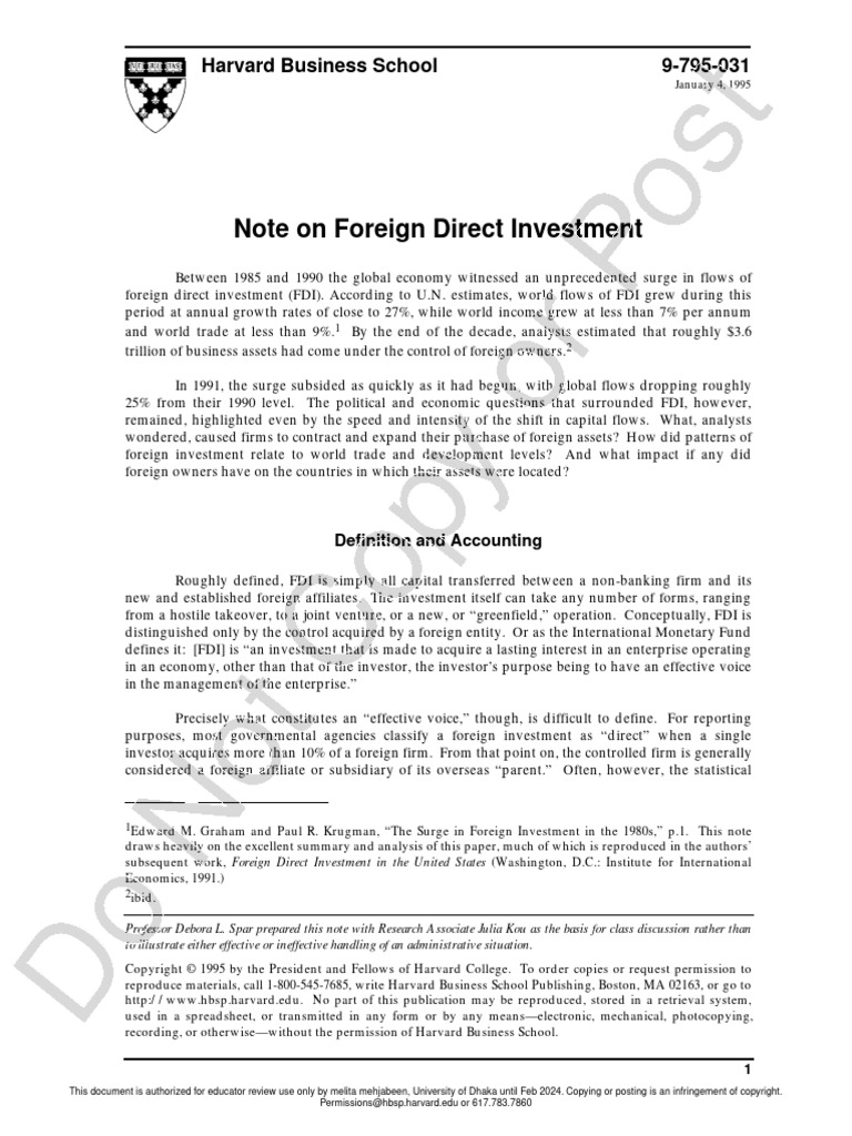 Note On Foreign Direct Investment: Harvard Business School 9-795-031 | PDF | Foreign Direct ...