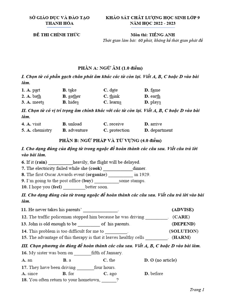 De Khao Sat Lop 9 | PDF