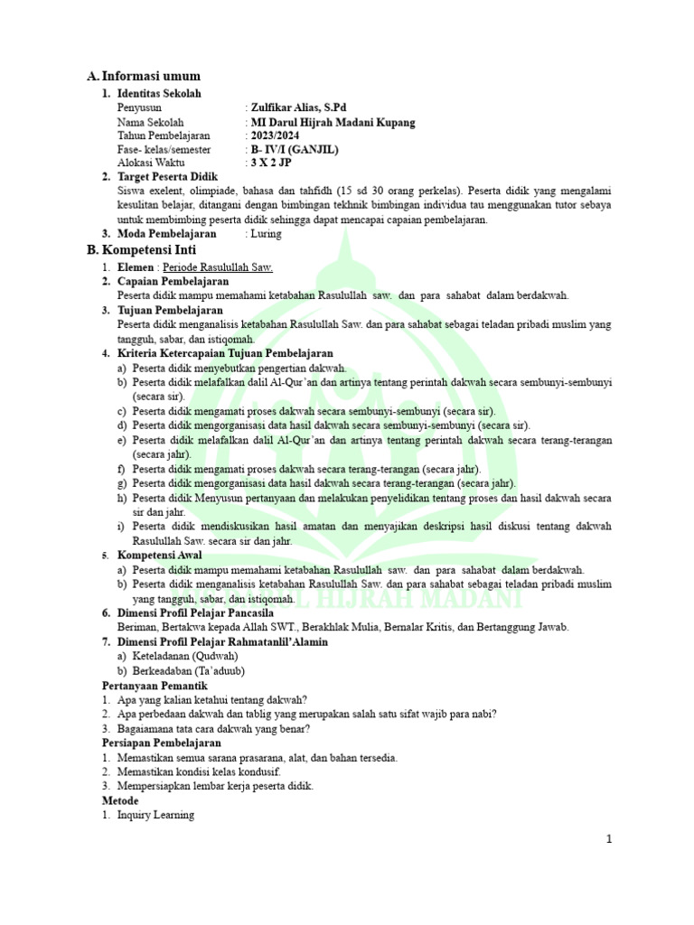 Modul Ajar Bab1 SKI Kls 4 Sem1 23-24 | PDF
