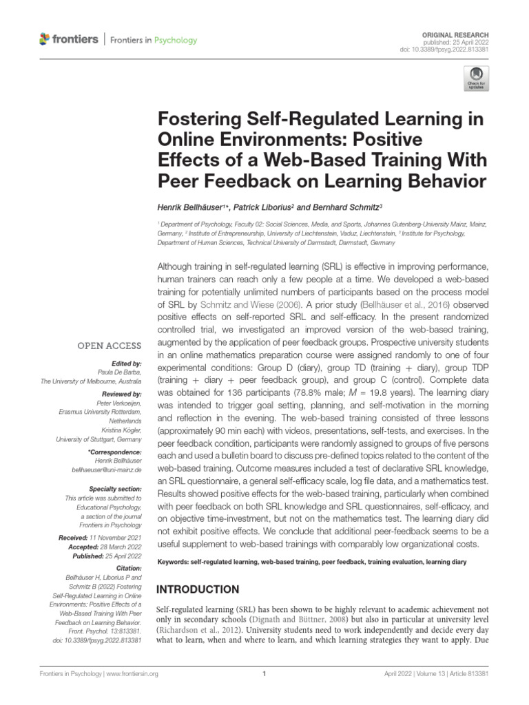Fostering Self-Regulated Learning in Online Environments: Positive Effects of A Web-Based ...