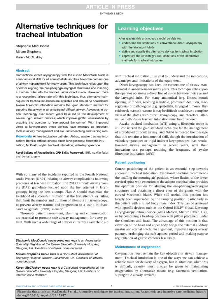 Alternative Techniques For Tracheal Intubation | PDF | Medicine | Anesthesia