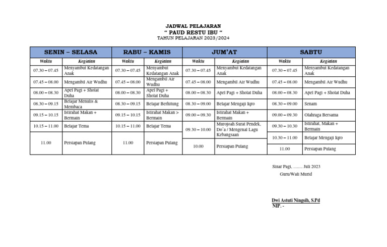 Jadwal Pelajaran PAUD Restu Ibu 2023 | PDF