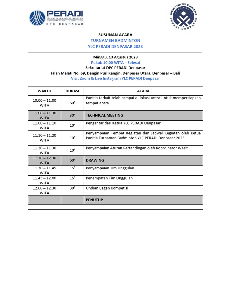 Susunan Acara - Turnamen Badminton YLC PERADI Denpasar | PDF