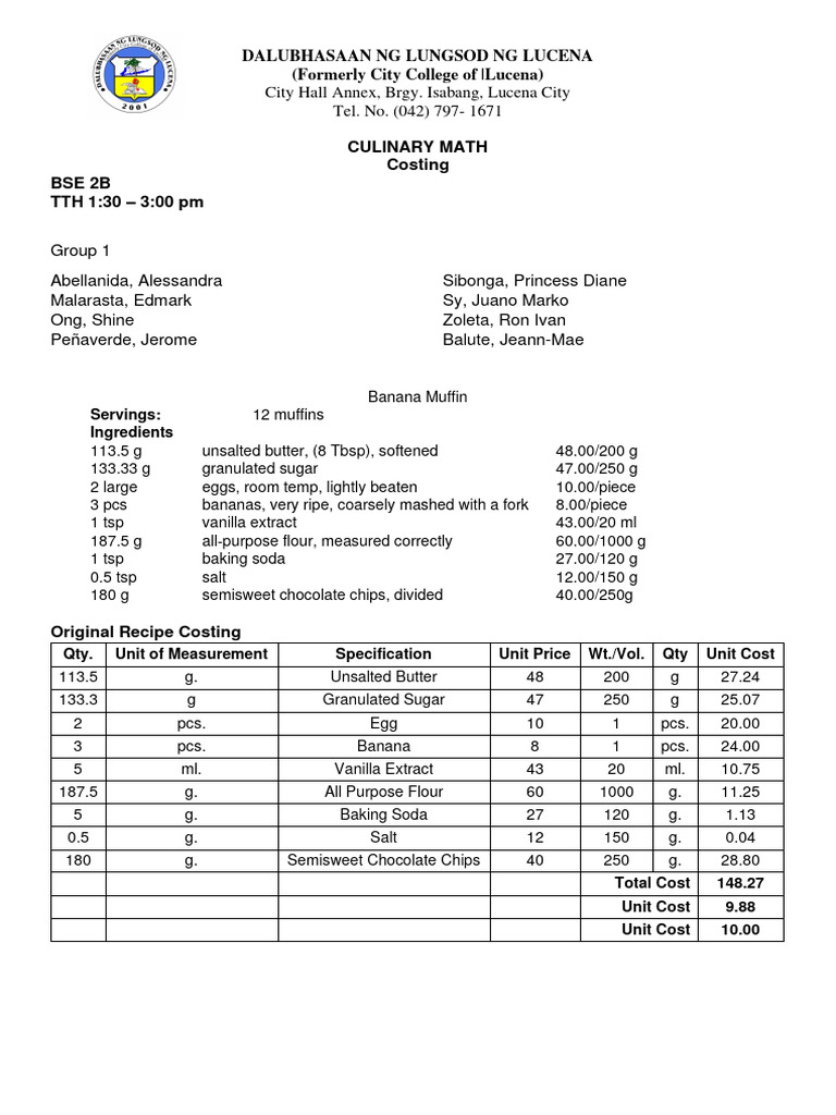 Group 1 Costing Culinary-Math | PDF | Baked Goods | North American Cuisine