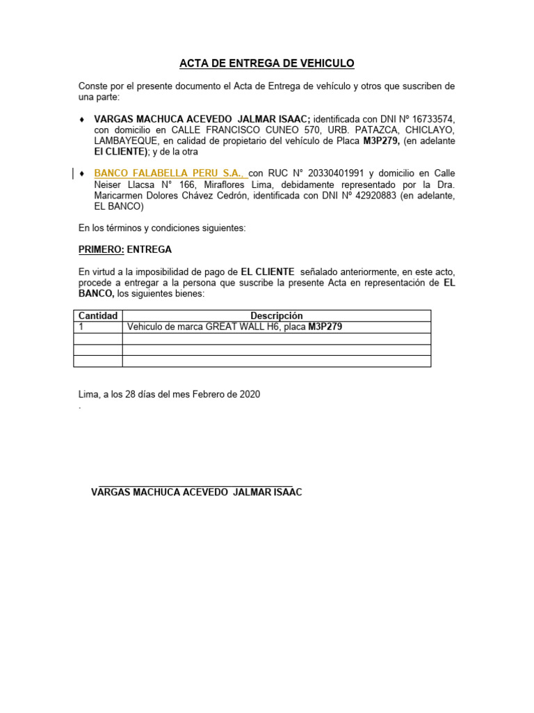 Acta de Entrega - Vargas Machuca Acevedo Jalmar Isaac | PDF | Cupés ...