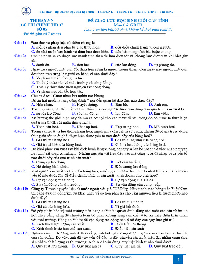 9. ĐỀ GDCD - LẦN 5 | PDF