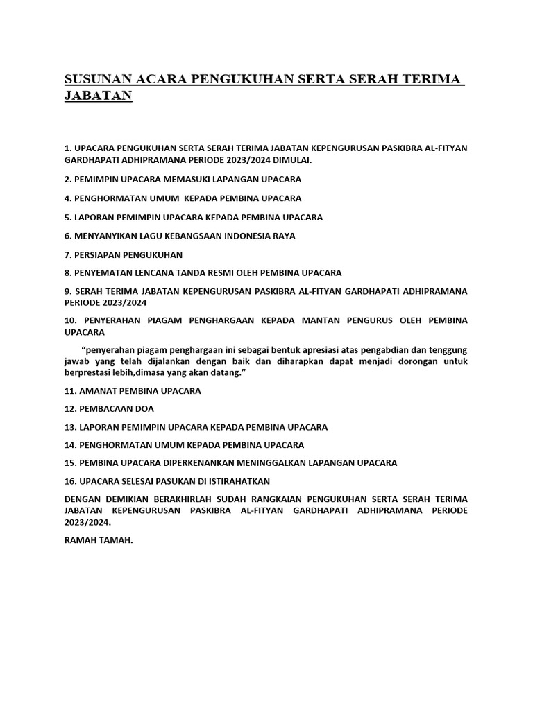 Susunan Acara Pengukuhan Serta Serah Terima Jabatan | PDF