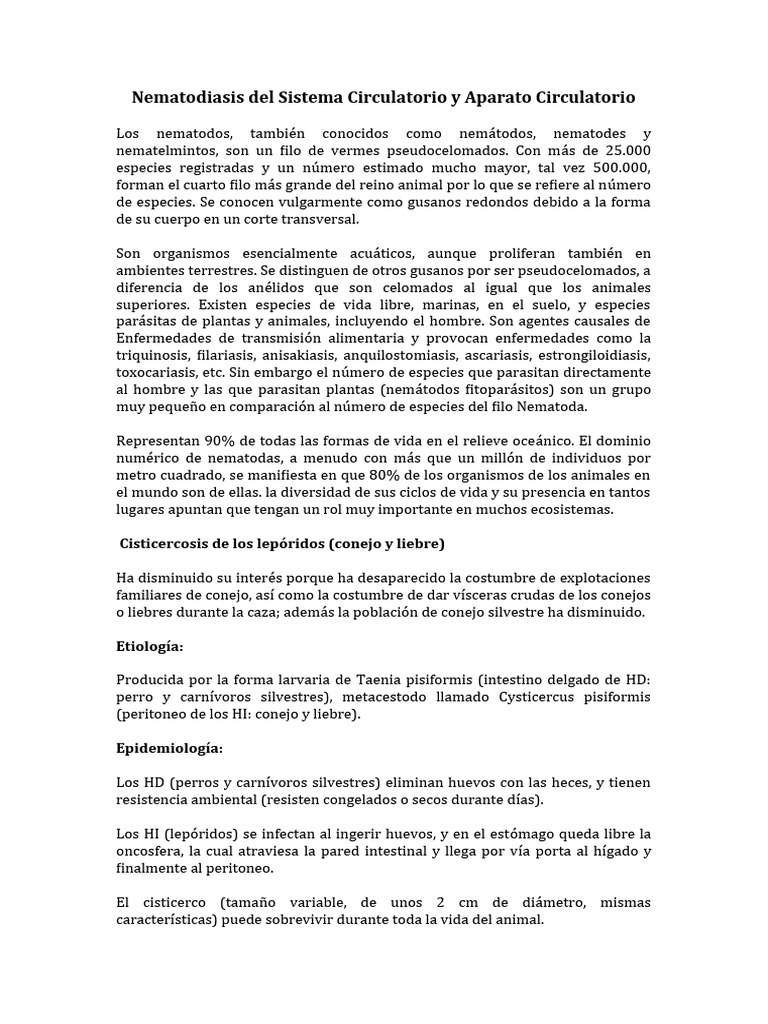 Nematodiasis Del Sistema Circulatorio y Aparato Circulatorio | PDF ...