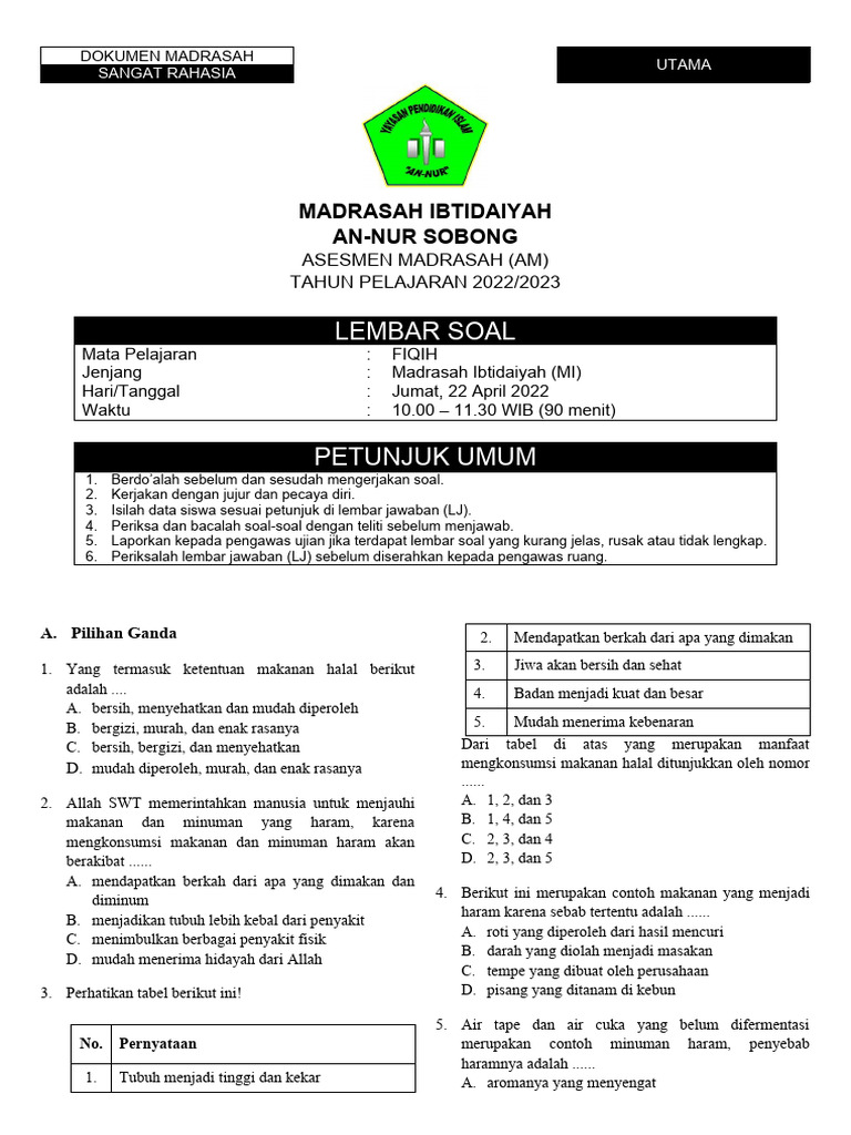 Naskah Soal Um Fiqih - Mi Sobong | PDF