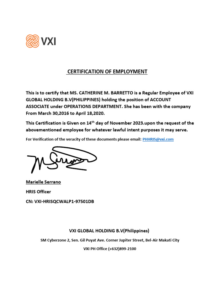 VXI Employment Certification for Catherine Barretto | PDF | Social Science