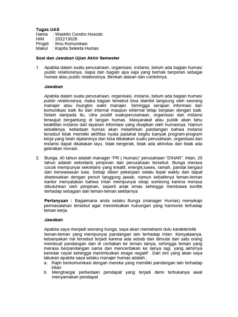 Waskito CH 202213018 Kapita Selekta Humas | PDF | Karier & Perkembangan