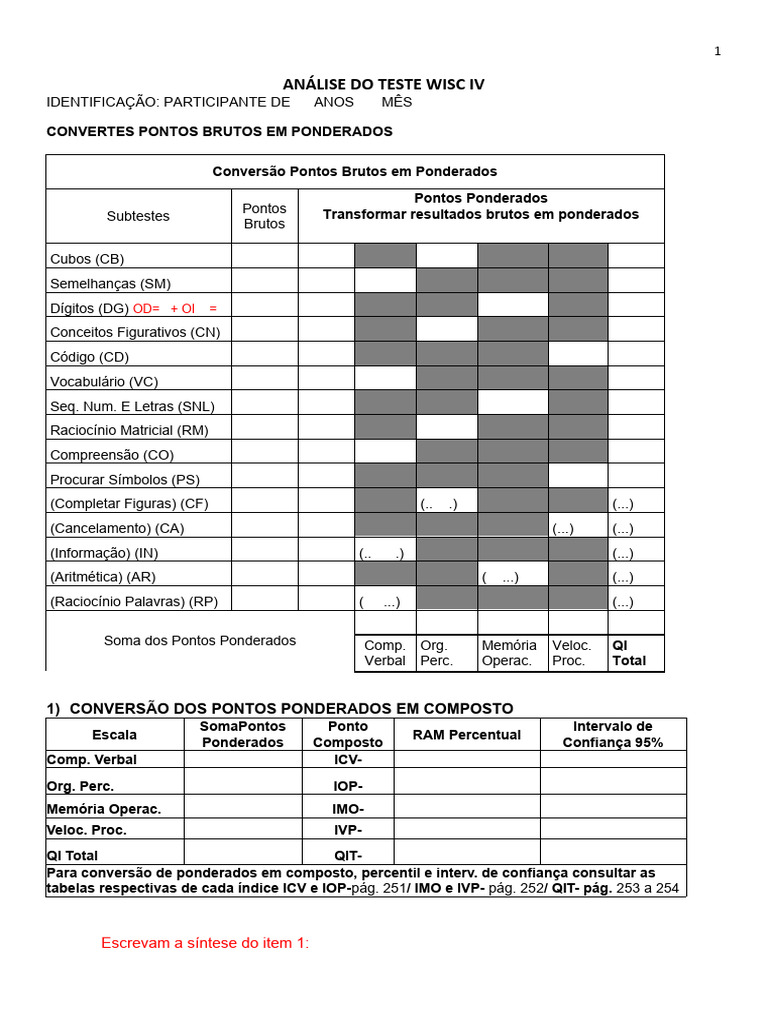 Wisc Iv Modelo Do Protocolo de Correção e Interpretação | PDF | Cognição