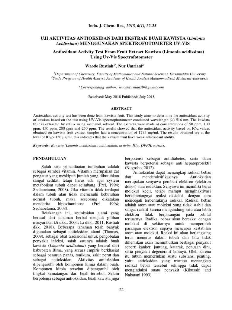 Uji Aktivitas Antioksidan Dari Ekstrak Buah Kawista Menggunakan ...