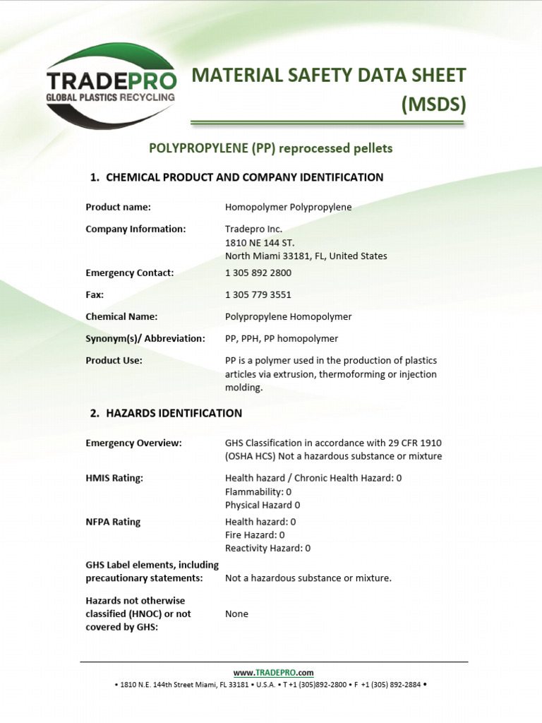 MSDS POLYPROPYLENE (PP) Reprocessed Pellets | PDF | Toxicity | Waste