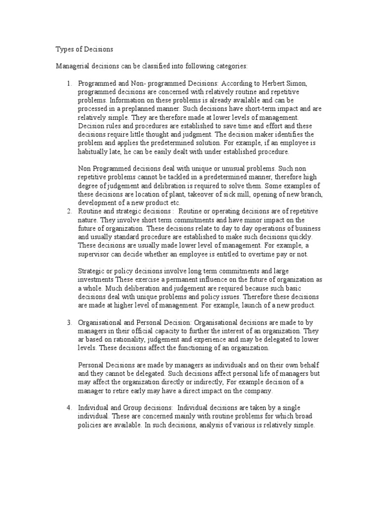 Types of Decisions | PDF | Decision Making | Policy