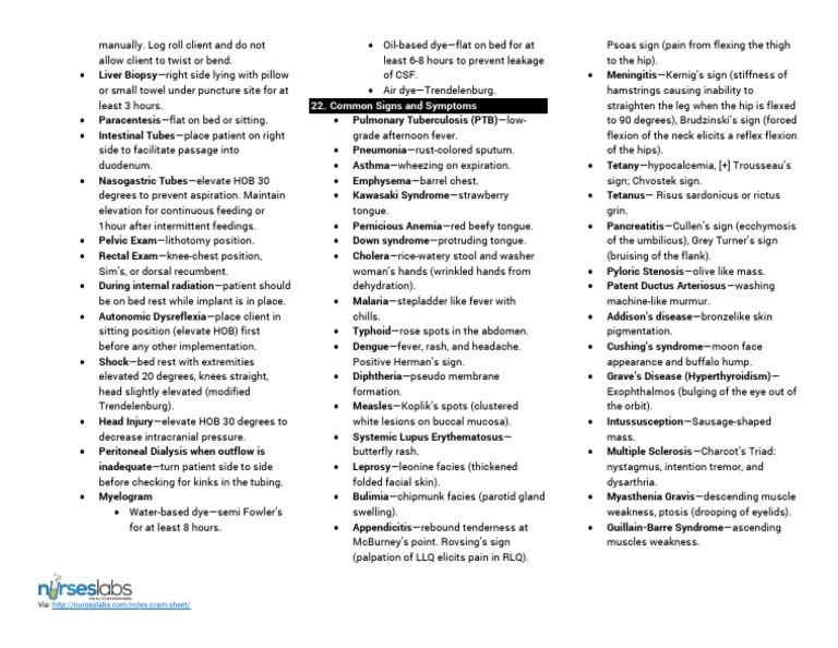 Nursing Cram Sheet - 6 | PDF | Clinical Medicine | Diseases And Disorders