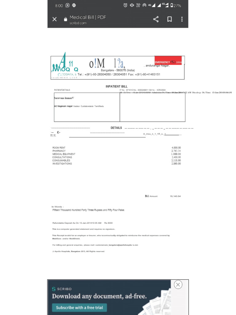 Inpatient Bill Summary for Saravana Kumar | PDF | Social Policy ...