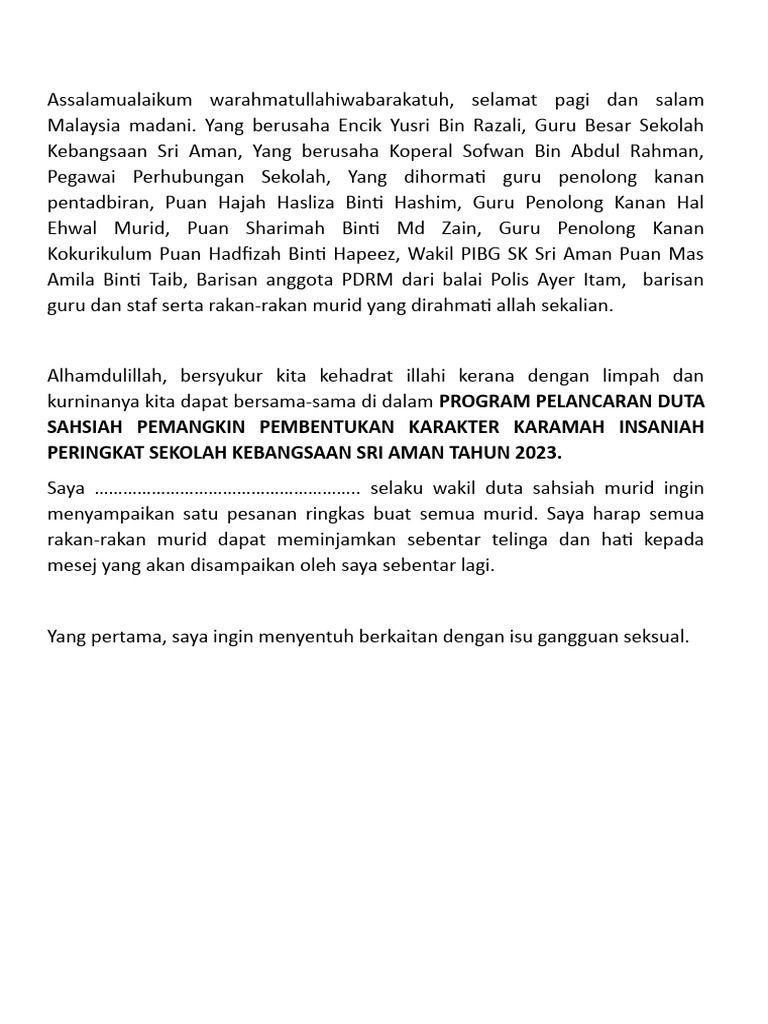 Teks Duta Sahsiah Murid | PDF