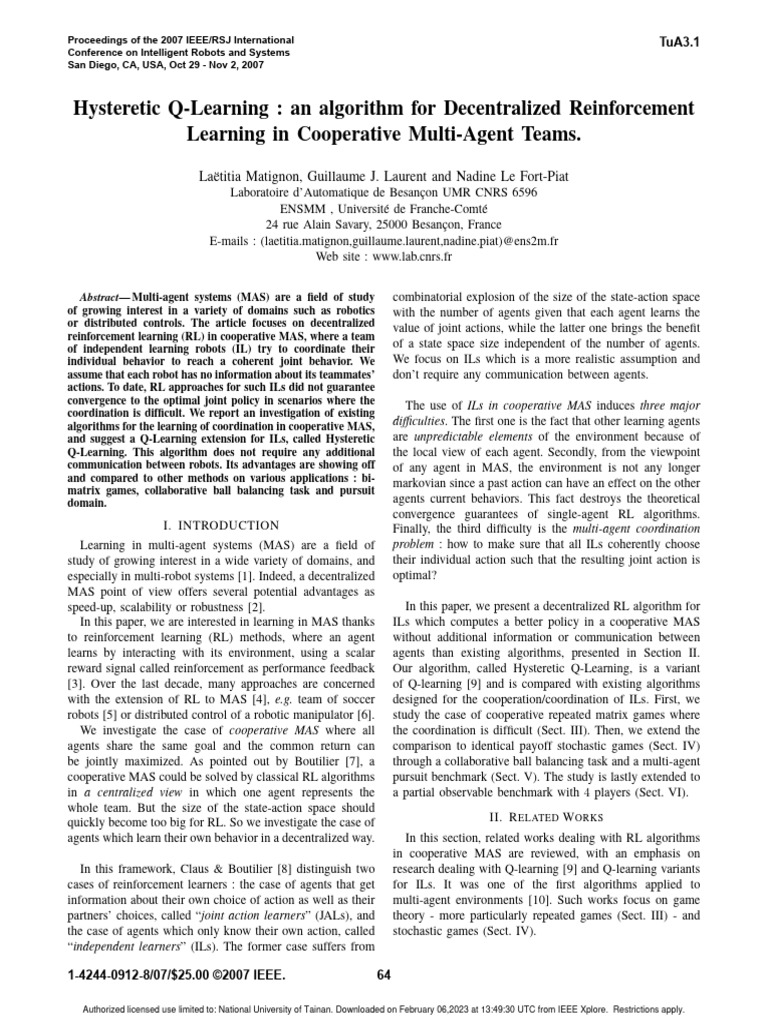 Hysteretic Q-Learning An Algorithm For Decentralized Reinforcem Ent Learning in Cooperative ...