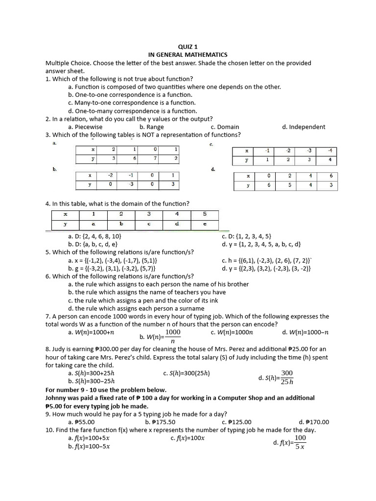 1st Quiz in General Mathematics | PDF | Function (Mathematics) | Mathematics