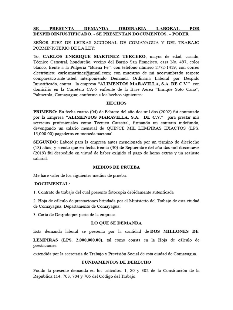 Demanda Ordinaria Laboral Por Despido Injustificado | PDF | Demanda ...