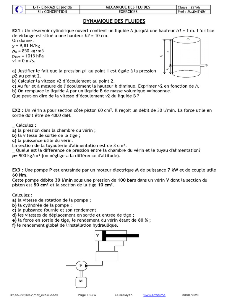Exercices de dynamique des fluides 2STM1 | PDF | Pompe | Nombre de Reynolds