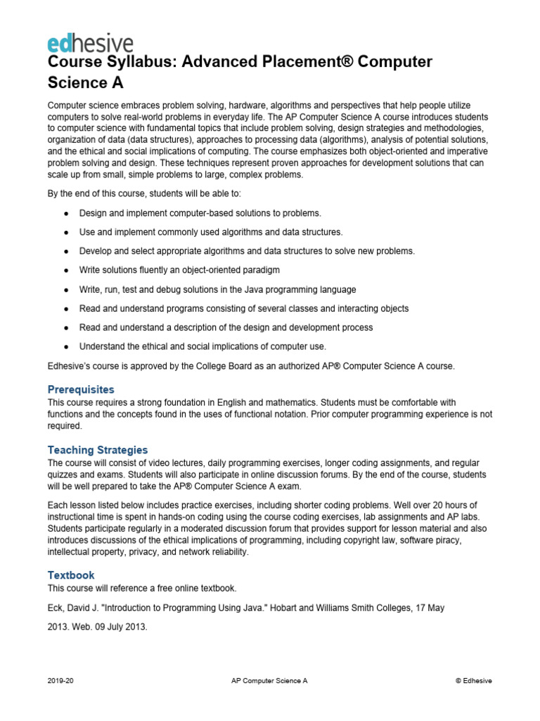Edhesive_AP_Computer_Science_A_Syllabus_19_20 | PDF | Class (Computer Programming) | Method ...