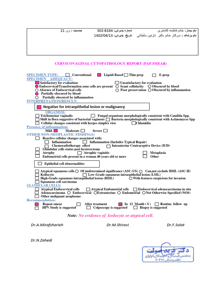 Negative For Intraepithelial Lesion or Malignancy: Cervicovaginal ...