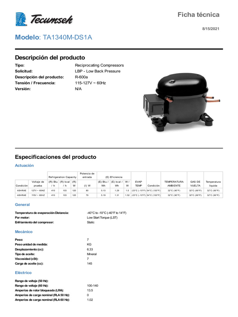 Ficha Tecnica Compresor Tecumseh TA1340M DS1A | PDF | Ciencias fisicas ...