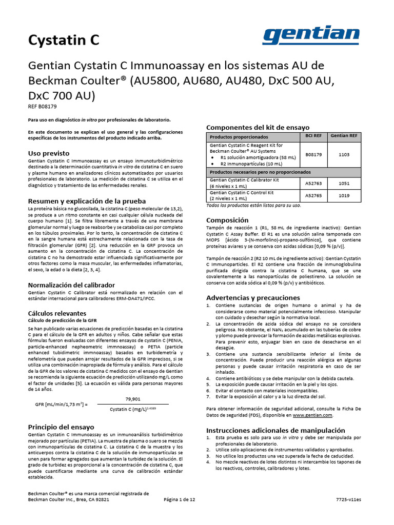 B08179 IFU Gentian Cystatin C Reagent Kit AU Systems REF1103 7725-V11es ...