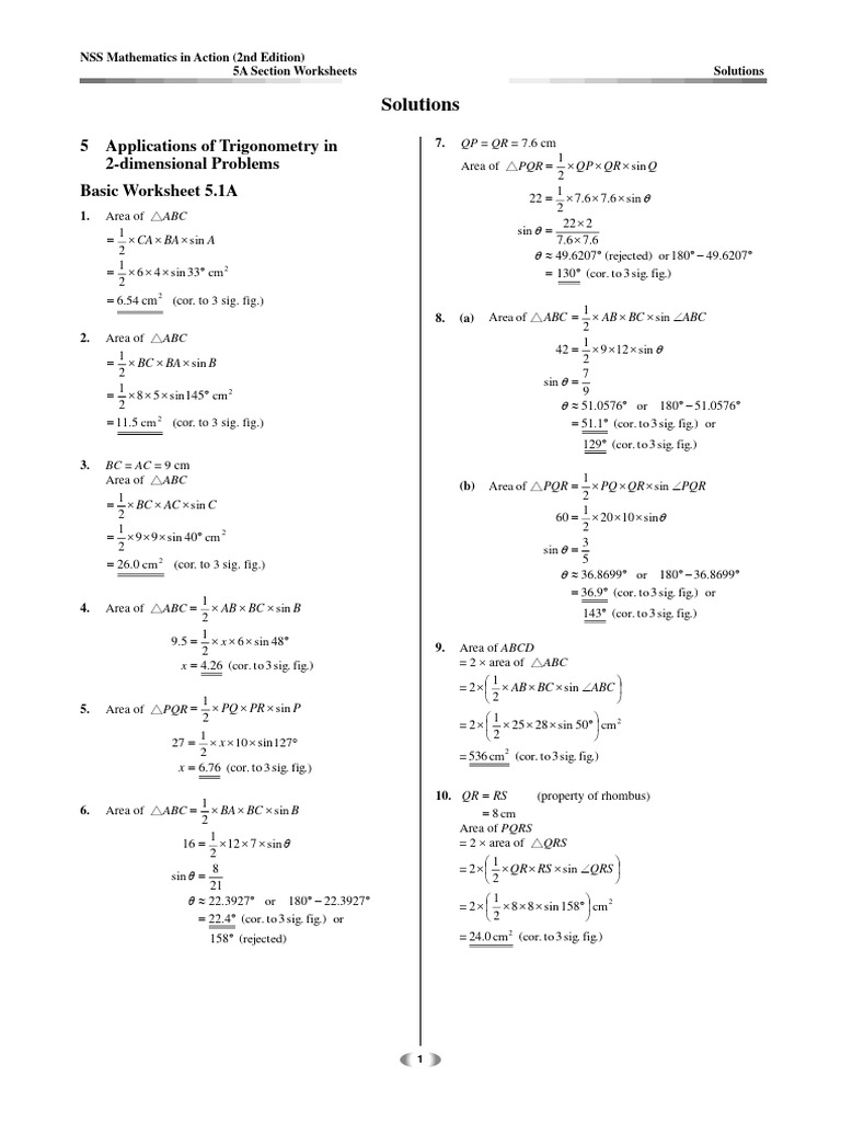 Solutions: 5 Applications of Trigonometry in 2-Dimensional Problems Basic Worksheet 5.1A | PDF ...