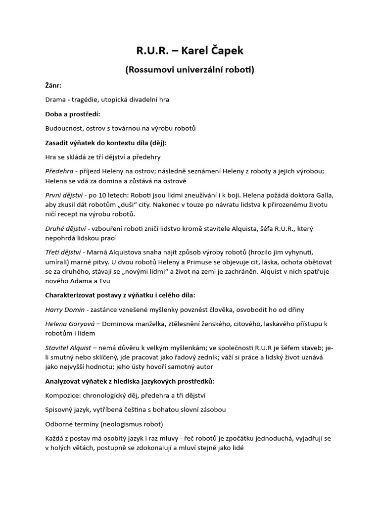 R.U.R. - Karel Čapek: (Rossumovi Univerzální Roboti) | PDF